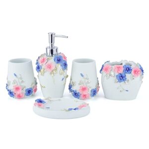 ximlike floral bathroom accessories set light green, 5-piece resin bathroom completes set flower pattern, toothbrush holder, soap dispenser, tumbler, soap dish, bathroom vanity organizer decor sets