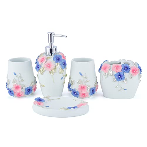 Ximlike Floral Bathroom Accessories Set Light Green, 5-Piece Resin Bathroom Completes Set Flower Pattern, Toothbrush Holder, Soap Dispenser, Tumbler, Soap Dish, Bathroom Vanity Organizer Decor Sets