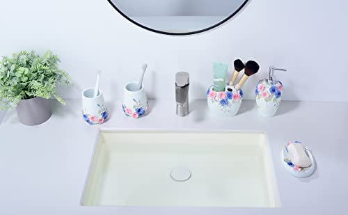 Ximlike Floral Bathroom Accessories Set Light Green, 5-Piece Resin Bathroom Completes Set Flower Pattern, Toothbrush Holder, Soap Dispenser, Tumbler, Soap Dish, Bathroom Vanity Organizer Decor Sets