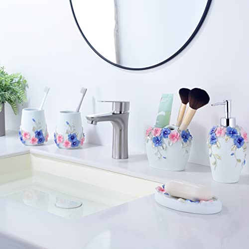 Ximlike Floral Bathroom Accessories Set Light Green, 5-Piece Resin Bathroom Completes Set Flower Pattern, Toothbrush Holder, Soap Dispenser, Tumbler, Soap Dish, Bathroom Vanity Organizer Decor Sets