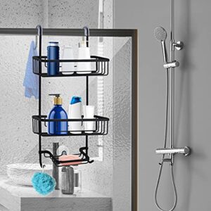 duwee over the door shower caddy, neverrust aluminum over the shower door caddy, hanging shower caddy for shampoo conditioner, 3 tier bathroom shelf organizer with hooks for razors towels(black)