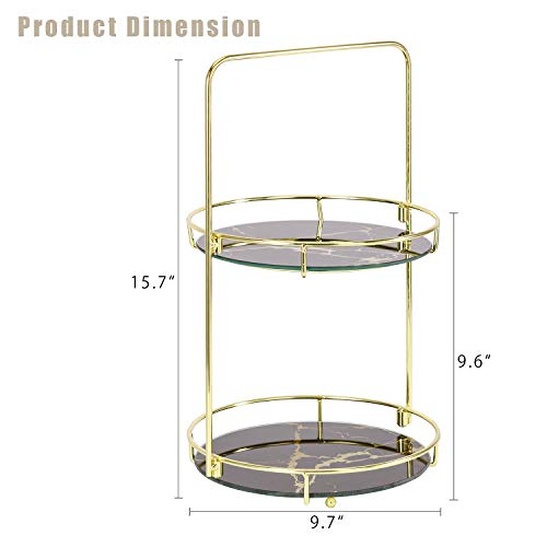 Z PLINRISE Makeup Organizer, 2 Tier Bathroom Cosmetic Storage Shelf for Dresser and Countertop, Decorative Round Vanity Organizer Basket with Marbling Glass Tray, Gold