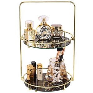 z plinrise makeup organizer, 2 tier bathroom cosmetic storage shelf for dresser and countertop, decorative round vanity organizer basket with marbling glass tray, gold