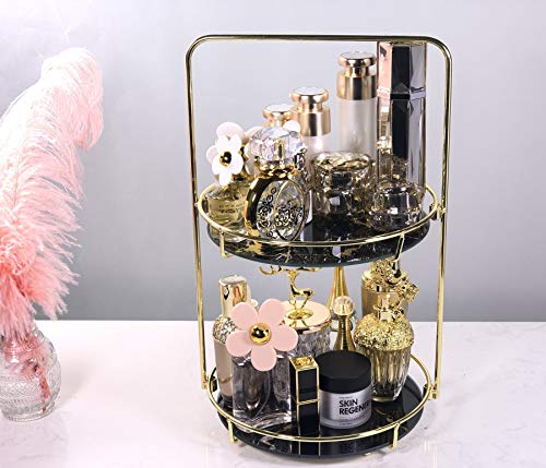 Z PLINRISE Makeup Organizer, 2 Tier Bathroom Cosmetic Storage Shelf for Dresser and Countertop, Decorative Round Vanity Organizer Basket with Marbling Glass Tray, Gold