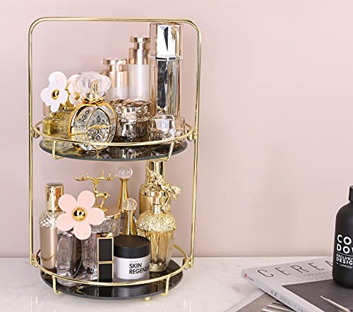 Z PLINRISE Makeup Organizer, 2 Tier Bathroom Cosmetic Storage Shelf for Dresser and Countertop, Decorative Round Vanity Organizer Basket with Marbling Glass Tray, Gold