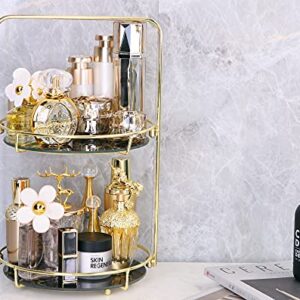 Z PLINRISE Makeup Organizer, 2 Tier Bathroom Cosmetic Storage Shelf for Dresser and Countertop, Decorative Round Vanity Organizer Basket with Marbling Glass Tray, Gold