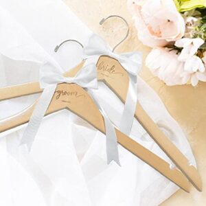 heread bow knot wedding hangers natural wood color bride dress hanger groom suit hanger engraved wedding grown hanger for women and men (bride and groom (pack of 2))