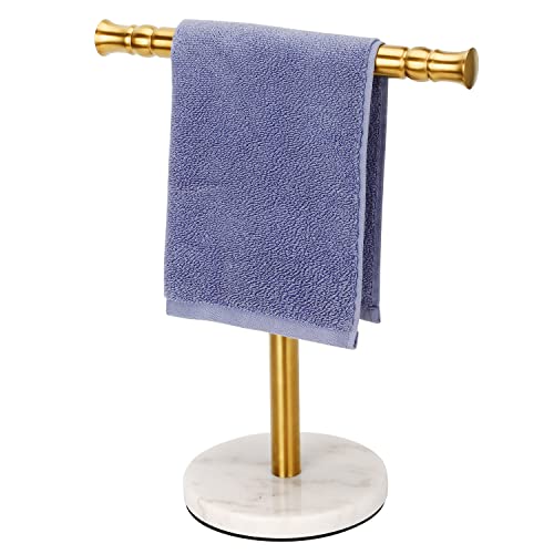 Luxmay Towel Rack with Natural Marble Base T-Shape Hand Towel Holder Stand SUS304 Stainless Steel for Bathroom Vanity Countertop (Gold Brushed)