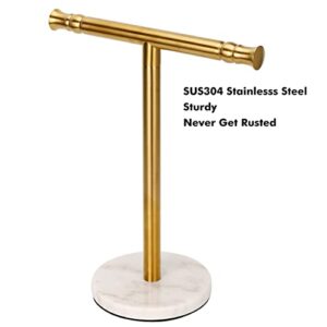 Luxmay Towel Rack with Natural Marble Base T-Shape Hand Towel Holder Stand SUS304 Stainless Steel for Bathroom Vanity Countertop (Gold Brushed)