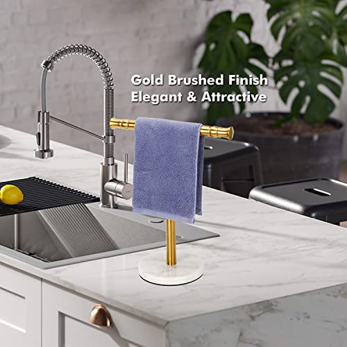 Luxmay Towel Rack with Natural Marble Base T-Shape Hand Towel Holder Stand SUS304 Stainless Steel for Bathroom Vanity Countertop (Gold Brushed)