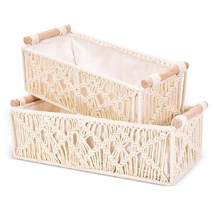 macrame storage basket boho decor baskets，organizing woven decorative basket，handmade countertop toilet tank shelf cabinet organizer for bathroom decor bedroom nursery livingroom entryway（set of 2）