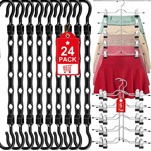 24 Pack Magic Space Saving Hangers+2 Pack Skirt Hangers Stainless Steel Multifunctional Clothes Pant Rack Dorm Room Essentials Closet Hanger Organizer for Pants Jeans Trousers Skirts