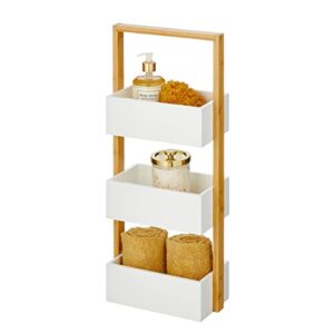 mdesign free-standing 3-tiered shelf for bathroom, wood bamboo storage rack room decor shelves - decorative organizer bins for bath towels, hand soap, and toiletries - white/natural