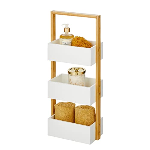 mDesign Free-Standing 3-Tiered Shelf for Bathroom, Wood Bamboo Storage Rack Room Decor Shelves - Decorative Organizer Bins for Bath Towels, Hand Soap, and Toiletries - White/Natural