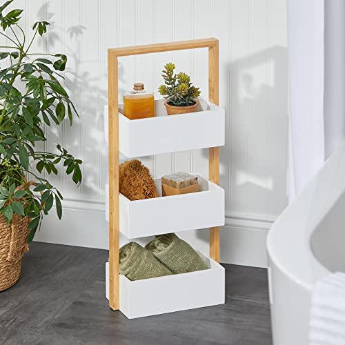 mDesign Free-Standing 3-Tiered Shelf for Bathroom, Wood Bamboo Storage Rack Room Decor Shelves - Decorative Organizer Bins for Bath Towels, Hand Soap, and Toiletries - White/Natural