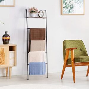 LIANTRAL Blanket Ladder, Towel Ladder for Bathroom, Wall Leaning Towel Ladder Blanket Holder Rack with Wood Shelf for Living Room Bathroom, Decorative Ladder for Blankets (5-Tiers, Black)