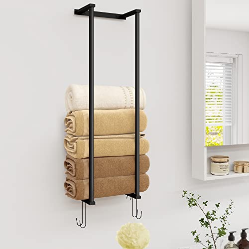 MallKing Wall Towel Rack, Bathroom Wall Mounted for Rolled Towels, Metal Towel Holder for Folded Large Towel Washcloths, Bath Towel Storage with 4 Hooks (Matte Black)