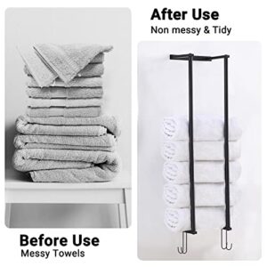 MallKing Wall Towel Rack, Bathroom Wall Mounted for Rolled Towels, Metal Towel Holder for Folded Large Towel Washcloths, Bath Towel Storage with 4 Hooks (Matte Black)