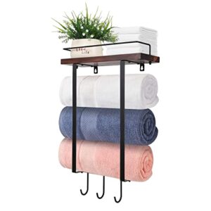 towel rack wall mounted for bathroom decor, metal towel holders with wooden shelf and 3 hooks, for large rolled towels, hand towels, washcloths, towel storage, for rv, small bathroom organizer