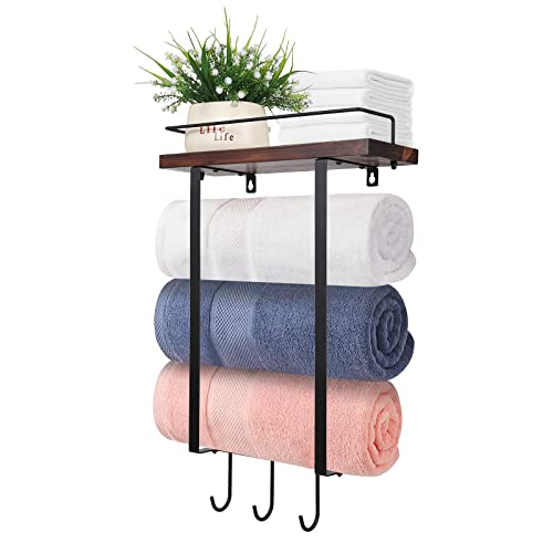 Towel Rack Wall Mounted for Bathroom Decor, Metal Towel Holders with Wooden Shelf and 3 Hooks, for Large Rolled Towels, Hand Towels, Washcloths, Towel Storage, for RV, Small Bathroom Organizer