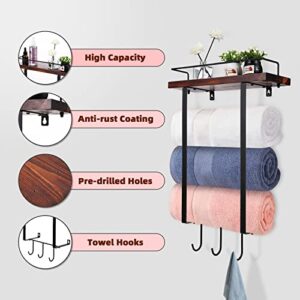 Towel Rack Wall Mounted for Bathroom Decor, Metal Towel Holders with Wooden Shelf and 3 Hooks, for Large Rolled Towels, Hand Towels, Washcloths, Towel Storage, for RV, Small Bathroom Organizer