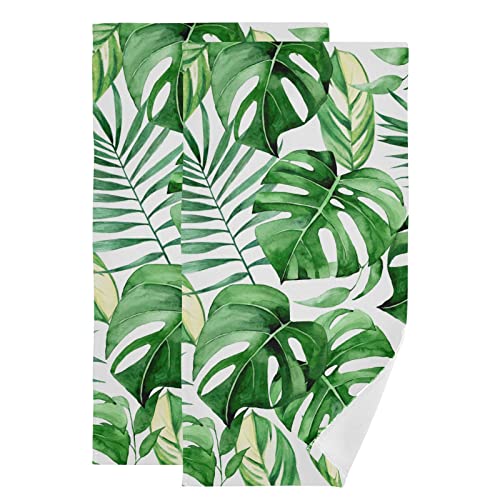 Palm Leaves Tropical Hand Towels Set of 2, Green Monstera Leaf Face Fingertip Towel for Bathroom Soft Absorbent Microfiber Decorative 28x14 in Gym Hotel Spa Yoga Sport