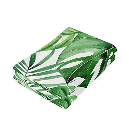 Palm Leaves Tropical Hand Towels Set of 2, Green Monstera Leaf Face Fingertip Towel for Bathroom Soft Absorbent Microfiber Decorative 28x14 in Gym Hotel Spa Yoga Sport