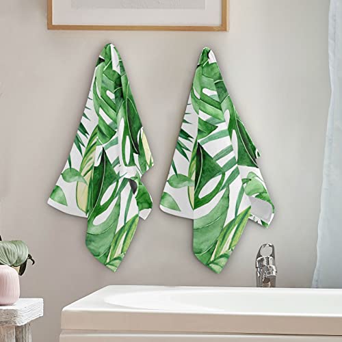 Palm Leaves Tropical Hand Towels Set of 2, Green Monstera Leaf Face Fingertip Towel for Bathroom Soft Absorbent Microfiber Decorative 28x14 in Gym Hotel Spa Yoga Sport