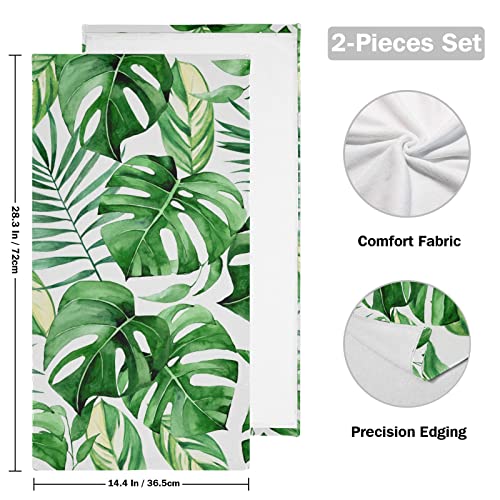 Palm Leaves Tropical Hand Towels Set of 2, Green Monstera Leaf Face Fingertip Towel for Bathroom Soft Absorbent Microfiber Decorative 28x14 in Gym Hotel Spa Yoga Sport