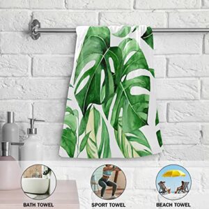 Palm Leaves Tropical Hand Towels Set of 2, Green Monstera Leaf Face Fingertip Towel for Bathroom Soft Absorbent Microfiber Decorative 28x14 in Gym Hotel Spa Yoga Sport