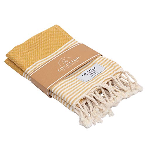 COCOTTON Boho Striped Turkish Hand Towels Set of 2 | 100% Cotton, 16 x 40 Inches | Decorative Bathroom Hair Face Gym Yoga Dishcloth Tea Kitchen Light Weight Quick Dry Farmhouse Towel (Mustard)