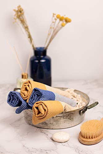 COCOTTON Boho Striped Turkish Hand Towels Set of 2 | 100% Cotton, 16 x 40 Inches | Decorative Bathroom Hair Face Gym Yoga Dishcloth Tea Kitchen Light Weight Quick Dry Farmhouse Towel (Mustard)