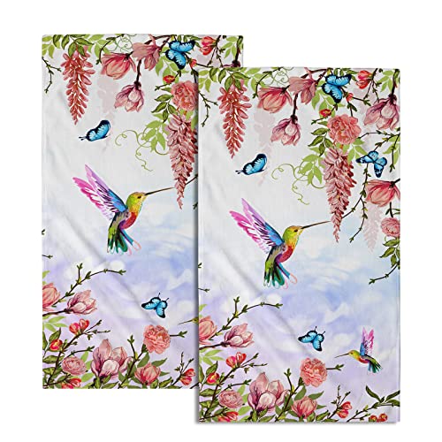 Pink Floral Hand Towels Set of 2 Hummingbird Butterfly Soft Absorbent Guest Bath Towel Kitchen Dish Towel Spa Home Bathroom Decorations