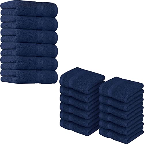 Utopia Towels Premium Bundle - Cotton Washcloths Navy (12x12 inches),Pack of 12 with Navy Hand Towels (16 x 28 inches), Pack of 6