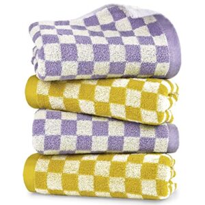 checkered hand towel set, soft quick dry bathroom hand towels 2 colors 4 pack, retro and cute towels for the whole family