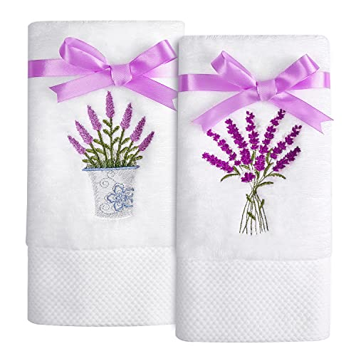 Quera 2 Pack Lavender Hand Towels 100 Percent Cotton Embroidered Premium Luxury Decor Bathroom Decorative Dish Set for Drying, Cleaning, Cooking, 13.7'' x 29.5'', White,Purple