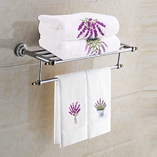 Quera 2 Pack Lavender Hand Towels 100 Percent Cotton Embroidered Premium Luxury Decor Bathroom Decorative Dish Set for Drying, Cleaning, Cooking, 13.7'' x 29.5'', White,Purple