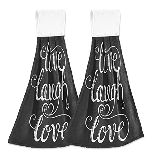 Oarencol Live Laugh Love Heart Black Kitchen Hand Towel Absorbent Hanging Tie Towels with Loop for Bathroom 2 Pcs