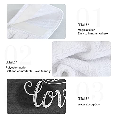 Oarencol Live Laugh Love Heart Black Kitchen Hand Towel Absorbent Hanging Tie Towels with Loop for Bathroom 2 Pcs