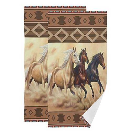 PATINISA Brown Horse Hand Towels for Bathroom Set of 2 Azetc Boho Ethnic Style Native American Western Horse Soft Absorbent Kitchen Dish Towels Decorative Bathroom Towel for Hair,Guest,Gym,Spa 14"x28"