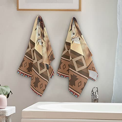 PATINISA Brown Horse Hand Towels for Bathroom Set of 2 Azetc Boho Ethnic Style Native American Western Horse Soft Absorbent Kitchen Dish Towels Decorative Bathroom Towel for Hair,Guest,Gym,Spa 14"x28"