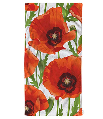 oFloral Red Poppy Floral Hand Towels Cotton Washcloths,Nature Botanical Plant Poppy Flower Bud Leaf Soft Towels for Bathroom/Kitchen/Yoga/Golf/Hair/Face Towel for Men/Women/Girl/Boys 15X30 Inch