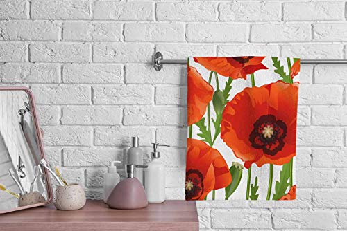 oFloral Red Poppy Floral Hand Towels Cotton Washcloths,Nature Botanical Plant Poppy Flower Bud Leaf Soft Towels for Bathroom/Kitchen/Yoga/Golf/Hair/Face Towel for Men/Women/Girl/Boys 15X30 Inch