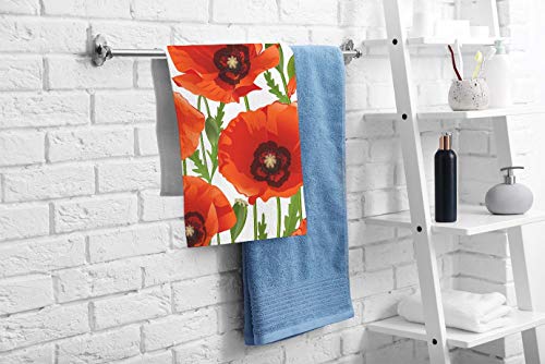 oFloral Red Poppy Floral Hand Towels Cotton Washcloths,Nature Botanical Plant Poppy Flower Bud Leaf Soft Towels for Bathroom/Kitchen/Yoga/Golf/Hair/Face Towel for Men/Women/Girl/Boys 15X30 Inch