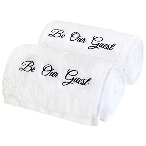 'Be Our Guest' Embroidered White Hand Towels for Bathroom with Gift Box - Set of 2 - Extra Absorbent 100% Cotton Hand Towel Set - 571GSM - 14 x 30 inches - Gifts for Bathroom - Be Our Guest Decor