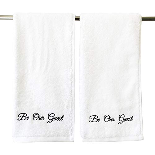 'Be Our Guest' Embroidered White Hand Towels for Bathroom with Gift Box - Set of 2 - Extra Absorbent 100% Cotton Hand Towel Set - 571GSM - 14 x 30 inches - Gifts for Bathroom - Be Our Guest Decor