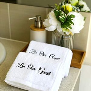 'Be Our Guest' Embroidered White Hand Towels for Bathroom with Gift Box - Set of 2 - Extra Absorbent 100% Cotton Hand Towel Set - 571GSM - 14 x 30 inches - Gifts for Bathroom - Be Our Guest Decor