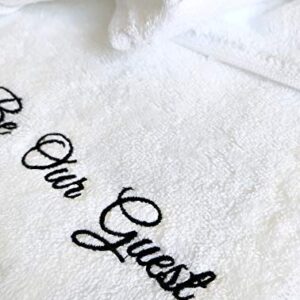 'Be Our Guest' Embroidered White Hand Towels for Bathroom with Gift Box - Set of 2 - Extra Absorbent 100% Cotton Hand Towel Set - 571GSM - 14 x 30 inches - Gifts for Bathroom - Be Our Guest Decor