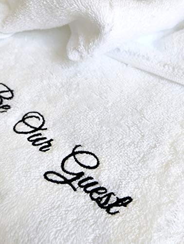 'Be Our Guest' Embroidered White Hand Towels for Bathroom with Gift Box - Set of 2 - Extra Absorbent 100% Cotton Hand Towel Set - 571GSM - 14 x 30 inches - Gifts for Bathroom - Be Our Guest Decor