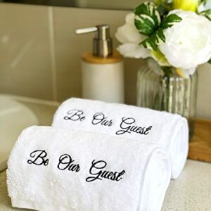 'Be Our Guest' Embroidered White Hand Towels for Bathroom with Gift Box - Set of 2 - Extra Absorbent 100% Cotton Hand Towel Set - 571GSM - 14 x 30 inches - Gifts for Bathroom - Be Our Guest Decor